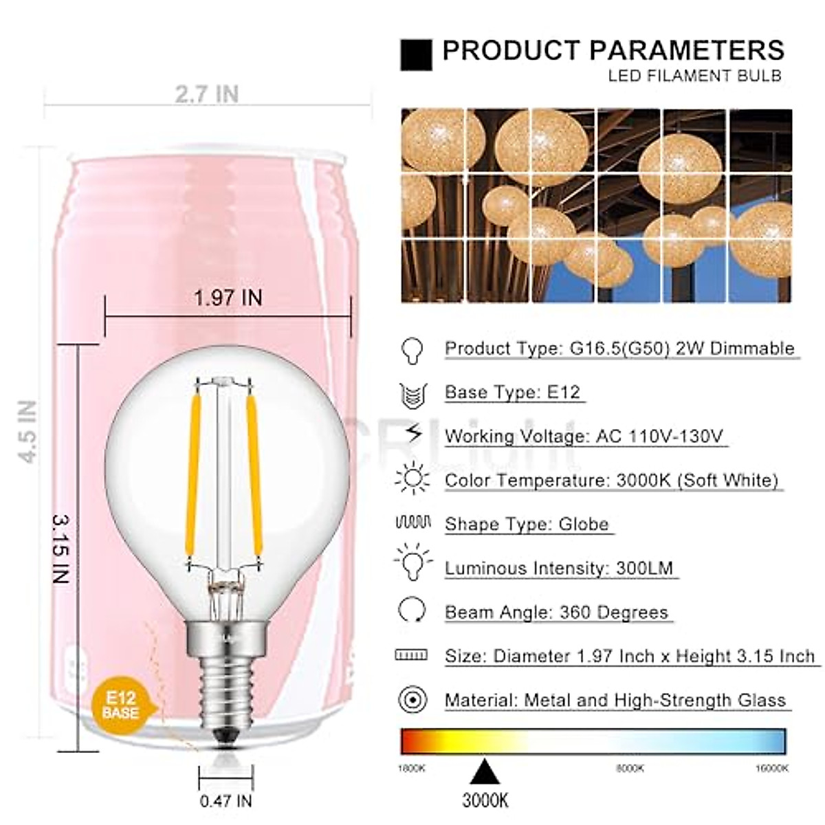 CRLight Candelabra LED Globe Bulb 30W Equivalent Soft White 3000K, 2W Dimmable E12 Base Vintage Edison G16 / G50 Filament Bulb, Chandelier Ceiling Fan Bathroom Vanity Mirror Light Bulbs, Pack of 8