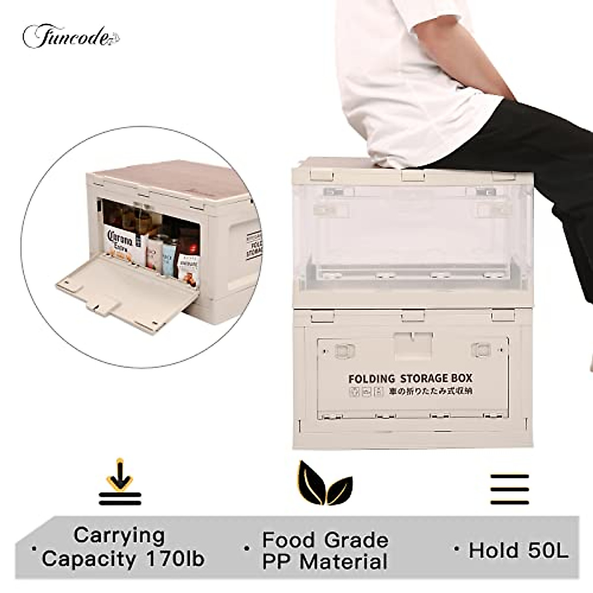 Funcode folding storage box with Wooden cover,for camping,car storage, home sorting. (khaki)