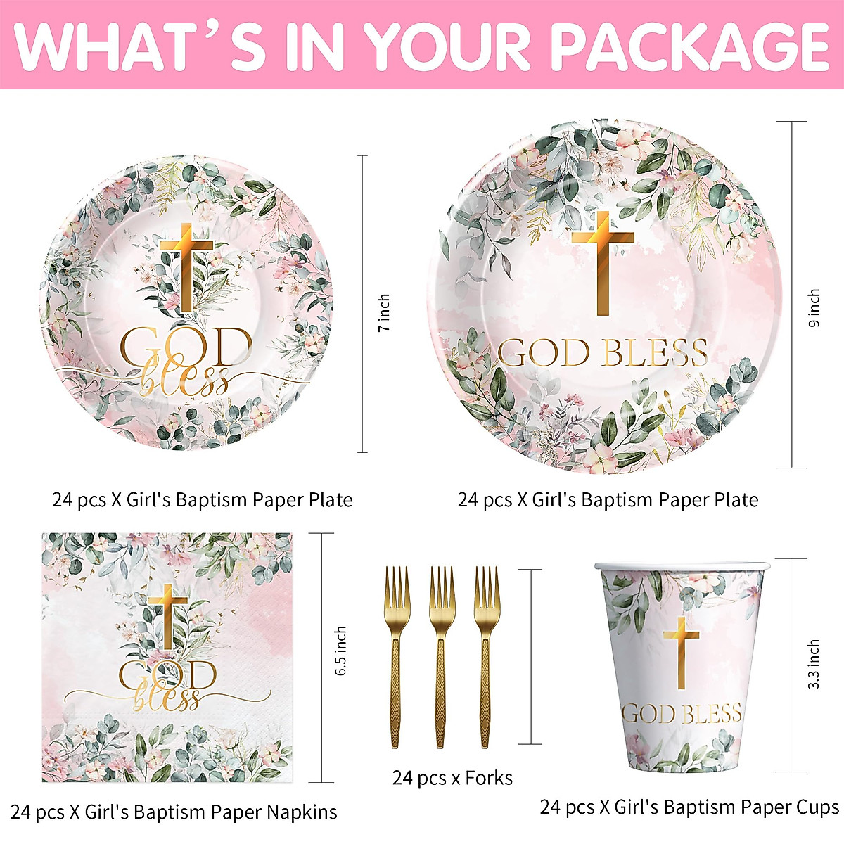 Suhelkit God Bless Baptism Decorations Tableware Girl - First Communion Decorations Supplies, Plate, Cup, Napkin, Fork, Baptism Plates And Napkins Set For Christening Baby Shower Religious | Serve 24