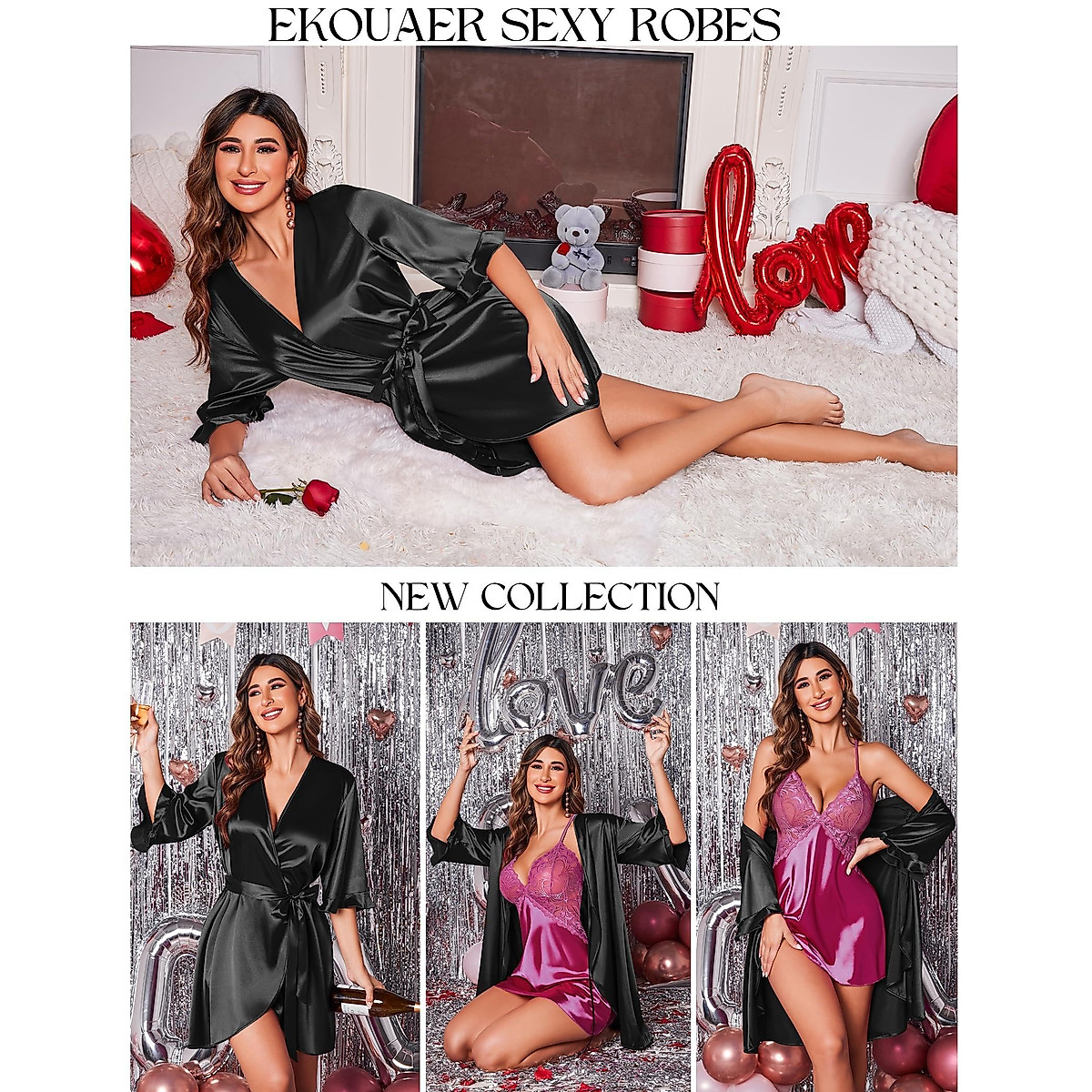 Ekouaer Women's Satin Robe Valentines Lingerie for Women Kimono Bathrobe 3/4 Sleeve Ruffle Belted Robes Bridesmaids