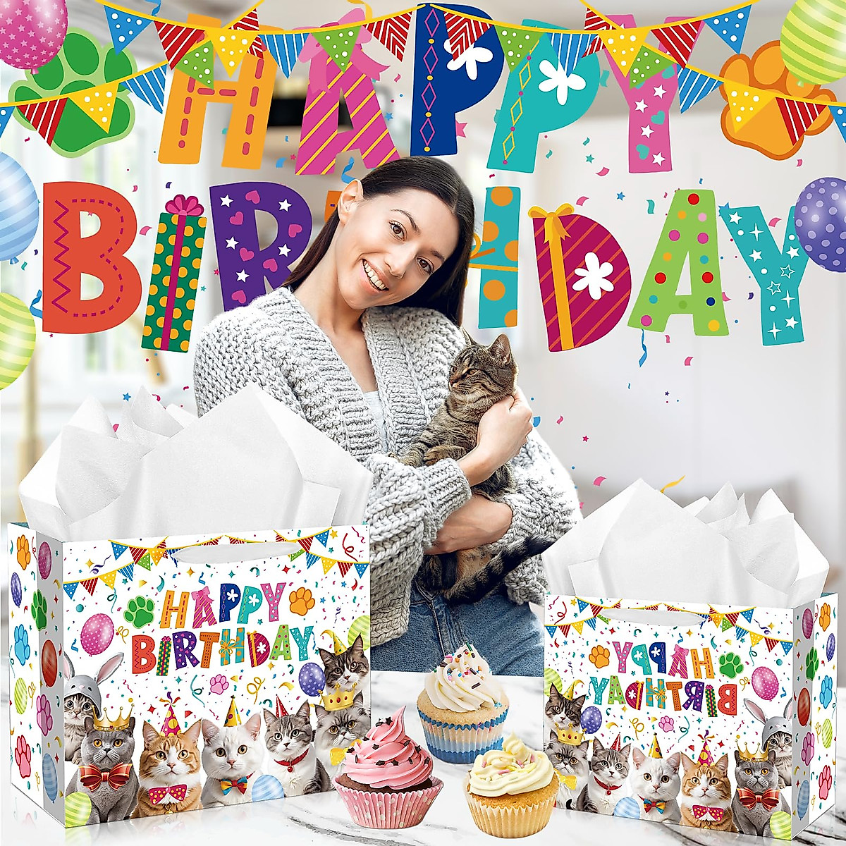 Cat Birthday Gift Bag Cat Birthday Decorations Pet Birthday Supplies with Cat Wrapping Paper and Greeting Card Meow Birthday Party Decorations for Kids Baby Shower Birthday Christmas Decorations Party Supplies
