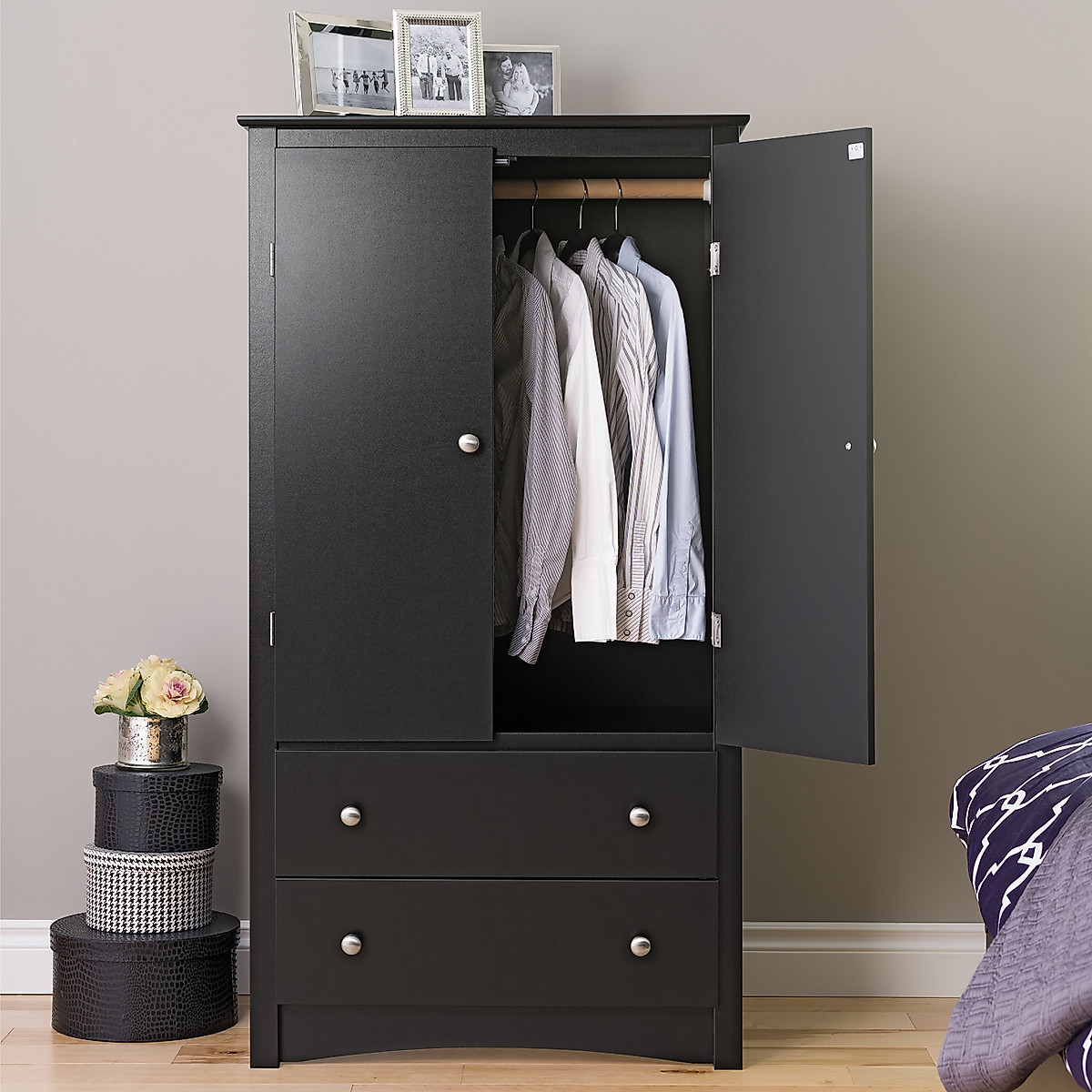 Prepac Sonoma Wardrobe Cabinet: Armoire Dresser for Bedroom with Adjustable Shelf. Features 2-Door Wardrobe Closet & 2 Drawers, Ideal Closet for Bedroom, 22"Dx31.5"Wx58.75"H, Black - BDC-3359-K