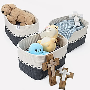 RITHLELA Cotton Rope Cube Shelf Storage Baskets Set of 3, Woven Baskets Fabric Bins Cat Toy Baskets Shelves Nursery Basket for Bathroom Bedroom Dark Grey & White 15"x10"x9" Design