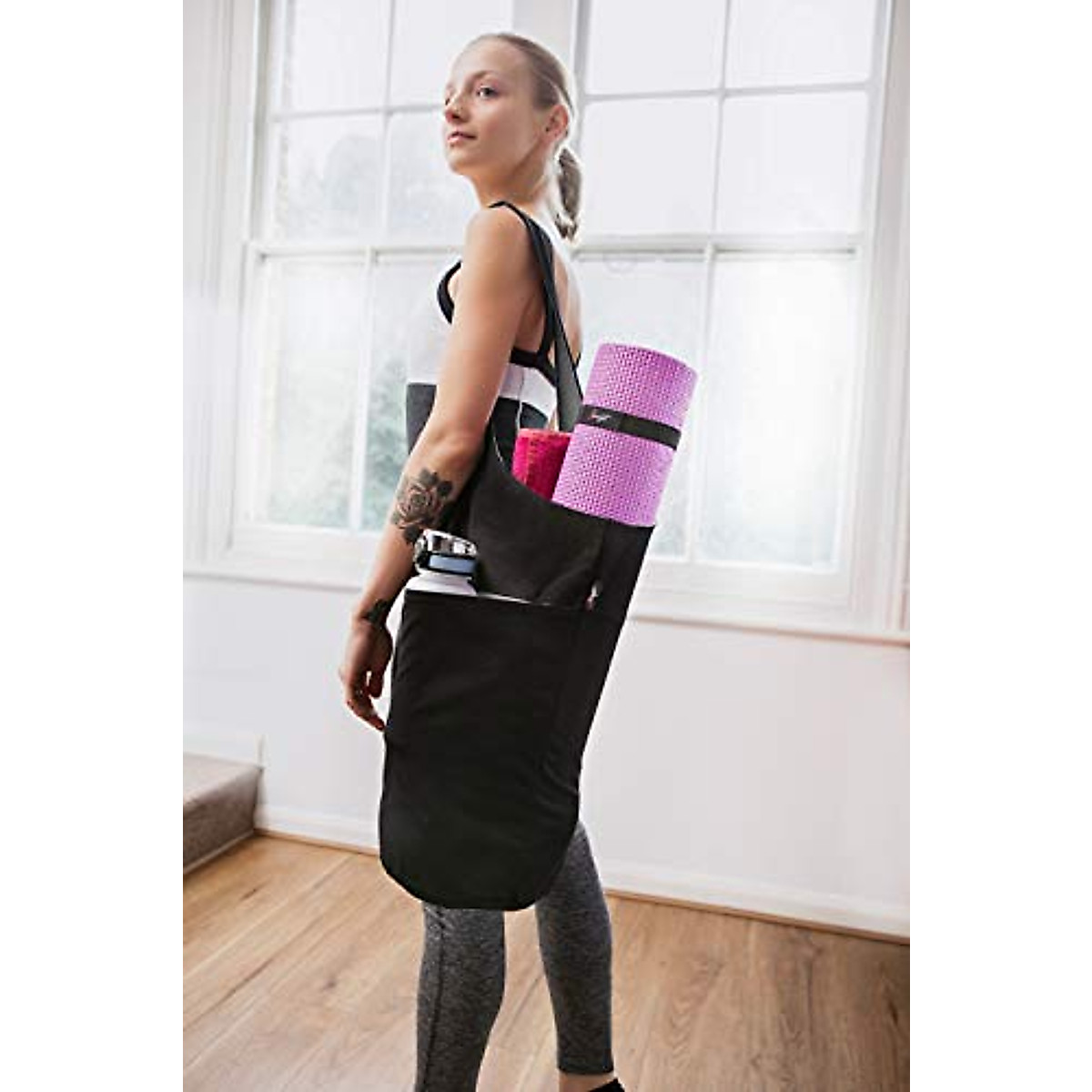Zenifit Yoga Mat Bag - Long Tote with Pockets - Holds More Yoga Accessories. Cute Yoga Mat Holder with Bonus Yoga Mat Strap Elastics. Stylish and Practical Yoga Mat Bags and Carriers for Women (Black)