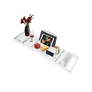 ZHTYRE Bamboo Bathtub Caddy Tray, White, 29.5"-43" Expandable, Non-slip, with Bamboo Bookshelf and Soap Tray Shelf, 1 or 2 Person Bath and Bed Tray