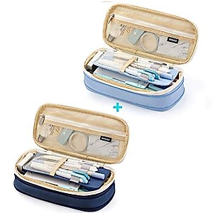 EASTHILL 2PC Big Capacity Pencil Case Pouch Large Pencil Bag for College School Teen Girls Boys Light blue + Navy