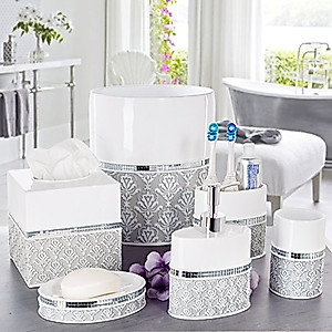 Creative Scents White And Gray Bathroom Accessories Set - Decorative 6-piece Bathroom Set Includes: Trash Can, Tissue Cover, Soap Dispenser, Soap Dish, Toothbrush Holder & Tumbler, Mirror Damask Style