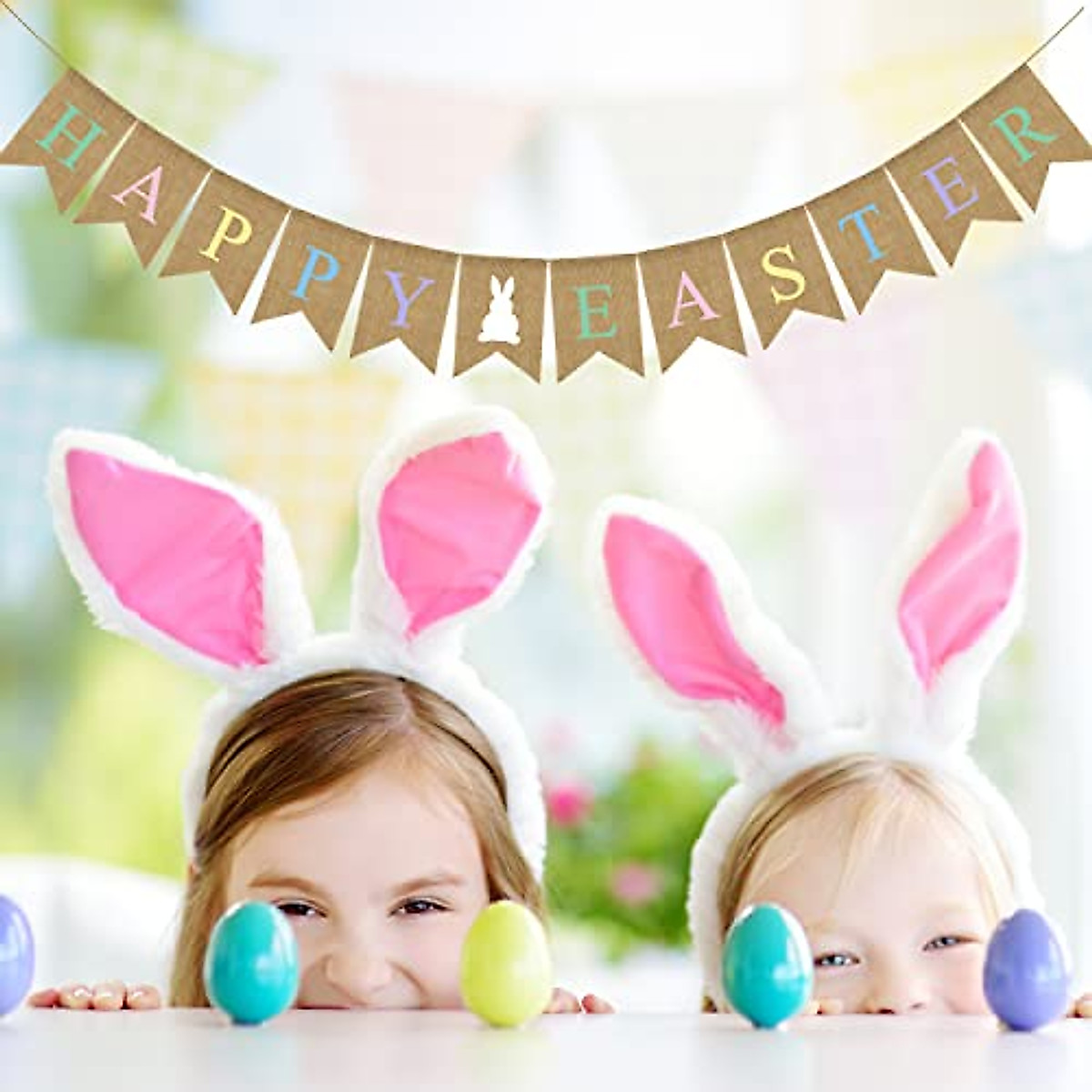 Doumeny Happy Easter Burlap Banner Easter Bunny Rabbit Bunting Garland Colorful Happy Easter Banner Bunting with White Rabbit Spring Easter Party Banner for Mantle Fireplace Wall Door Party Supplies