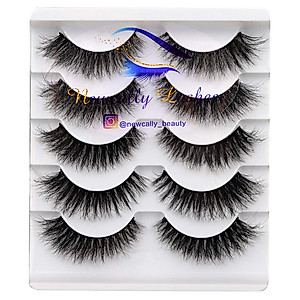 Newcally Cat Eye Mink Eyelashes Nautral Fluffy False Eyelashes 5D Volume Fake Eyelashes 5 Pairs Pack Full Crossed Short Eye Lashes Handmade Reusable Soft Multipack