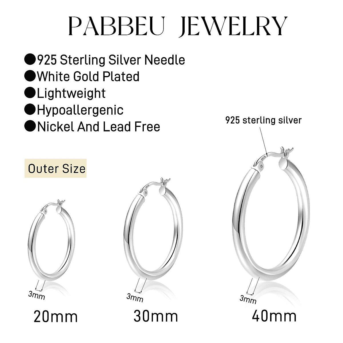3 Pair Sterling Silver S925 Silver Lightweight Small Hoop Earrings Set Hypoallergenic Hoop Earrings for Women 20/30/40mm PABBEU