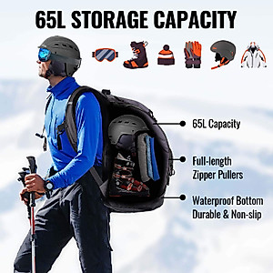 TurboSke Ski Boot Bag Backpack - 65L Waterproof Skiing Snowboarding Travel Luggage Backpack - Stores Boots Skis Snowboard Helmet Goggles Jackets Gloves & Other Accessories for Men & Women (Black)