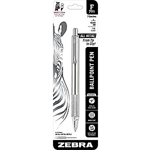 Zebra Pen F-701 Retractable Ballpoint Pen, Stainless Steel Barrel, Fine Point, 0.8mm, Black Ink, 1-Pack