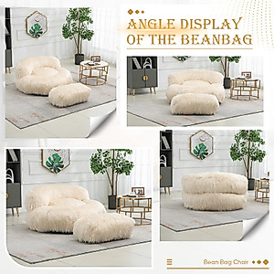 Fluffy Bean Bag Chair with Ottoman, Comfy Bean Bag for Adults and Kids, Ultra Soft Lazy Sofa Chair with Memory Sponge, Indoor Modern Accent Beanbag Chairs for Living Room, Bedroom, Apartment, Beige