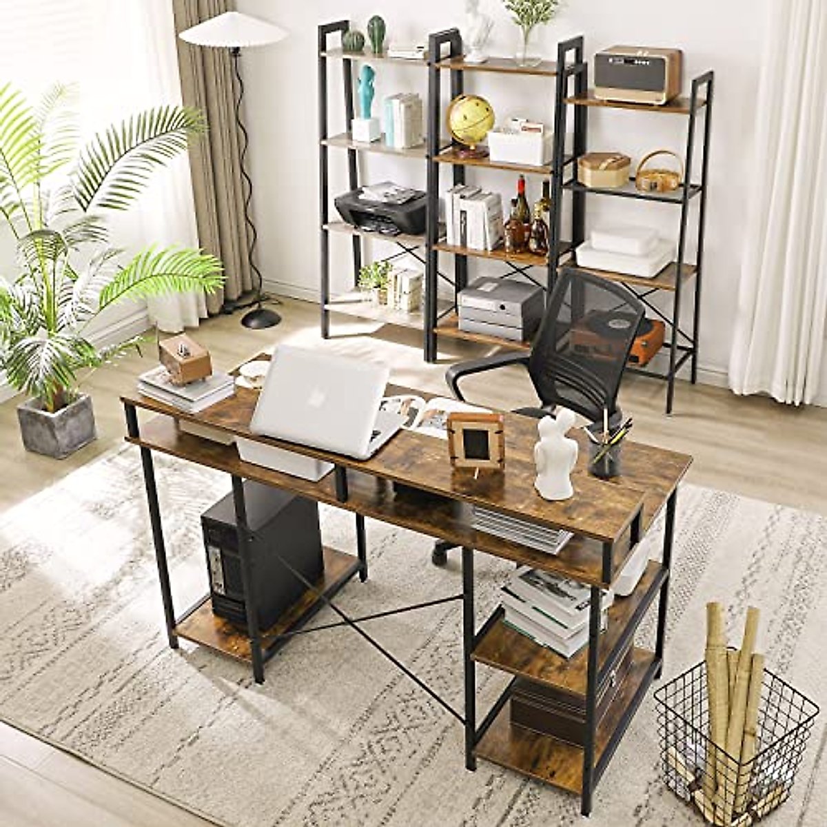 IBUYKE 55" Computer Desk, Office Table, Gaming Workstation with Storage Shelves/Monitor Stand, Study Table for Home Office, Space-Saving, Easy to Assemble, Rustic Brown and Black UTMJ056H