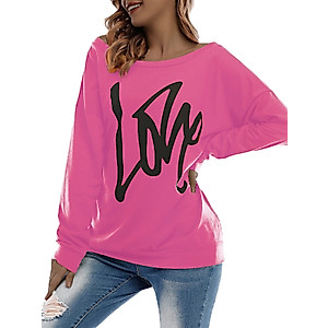 Century Star Women Long Sleeve Sweatshirts Off the Shoulder Sweatshirt Oversized letter Print Sweaters Pullover Casual Shirt Tops Rose Red Large (Lable Size Medium)