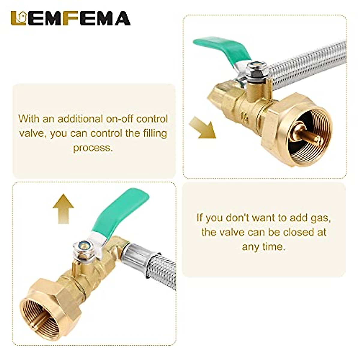 Lemfema Propane Refill Adapter Hose, 36" Stainless Braided QCC1 Type Inlet Propane Refill Adapter Extension Hose with ON/Off Control Valve for 1LB Propane Gas Tank 350PSI High Pressure Camping