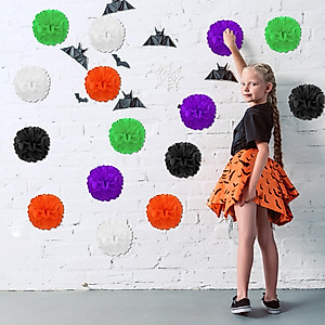 mortd 20 PCS Halloween Paper Tissue Honeycomb Balls, 6” Black White Orange Purple Green Tissue Paper Pom Poms Decorations with Glue for Halloween Bulletin Board School Wall Decorations