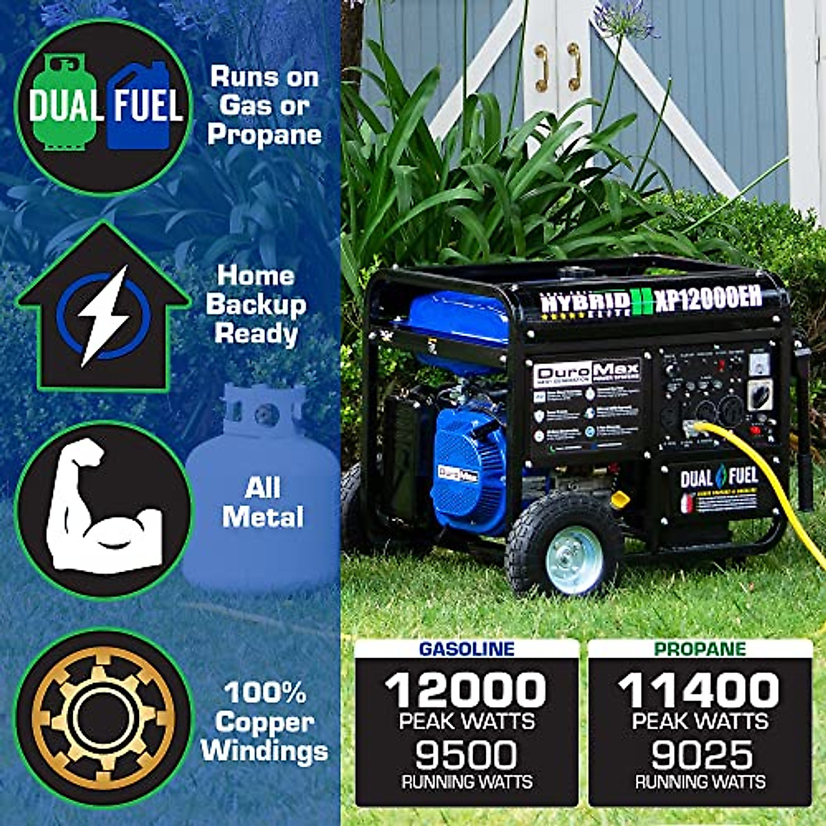 DuroMax XP12000EH Generator-12000 Watt Gas or Propane Powered Home Back Up & RV Ready, 50 State Approved Dual Fuel Electric Start Portable Generator, Black and Blue