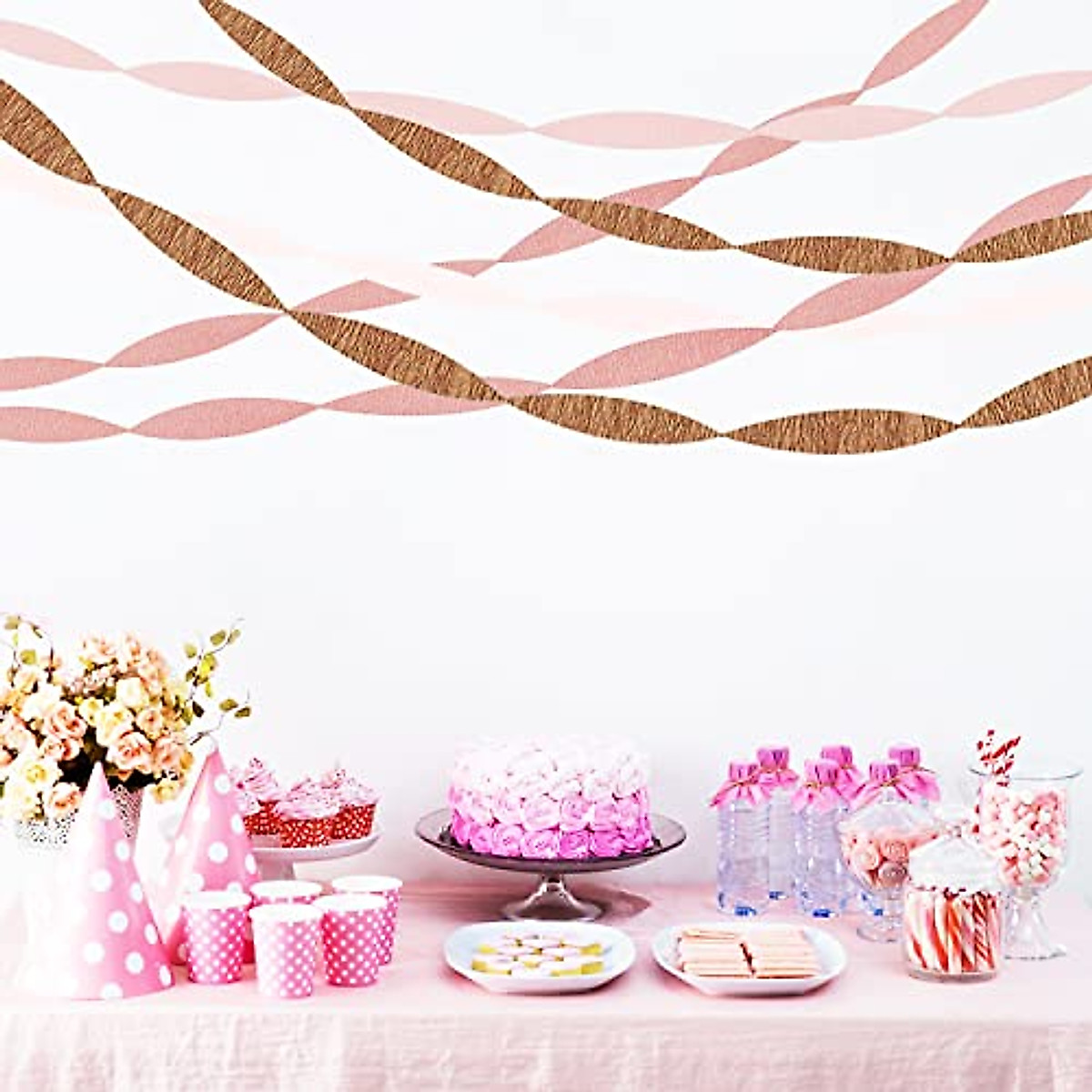 Streamers 8 Rolls, Rose Gold Party Decorations Crepe Paper Pink Brown Streamer for Bachelorette Party Bridal Shower Wedding Shower Baby Shower Birthday Decorations Supplies, 1.8 Inch x 82 Ft/Roll