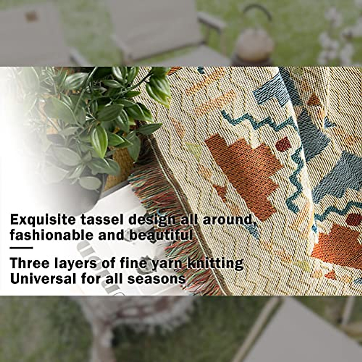 tiowik Mushroom Butterfly Flower Moon Throw Woven Blanket with Tassel for Home Decoration Chair Couch Sofa Bed Beach Travel Picnic Cloth Tapestry Shawl Cozy Cotton (Navy Blue 63×51 Inches)