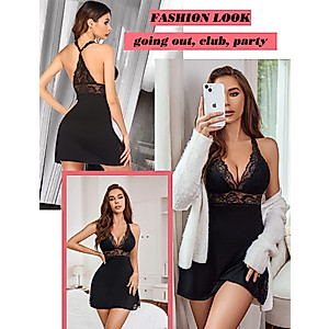 Ekouaer Lace Slip Nightgown Sexy Lingerie Nightgown Nightwear Lace Chemise Sleeveless Camisole Slip Dress Babydoll Sleepwear (Black, X-Large)