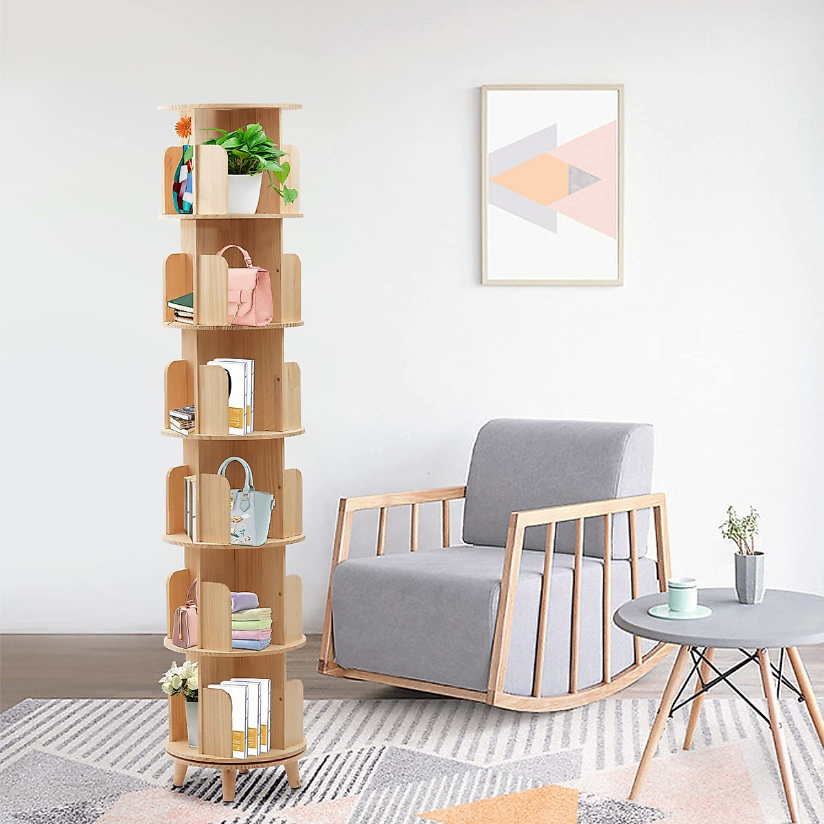 YYDIPO 360° Rotating Bookshelf 6 Tier Rotating Bookshelf Stackable Vertical Bookshelf Floor Standing Organizer or Home Office
