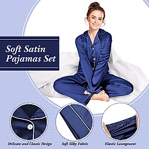 Unittype Women Silk Pajama Set Long Sleeve Silk Sleepwear Satin 2 Pcs Classic Button Down Pajamas for Bride Wedding Party (Blue,M)