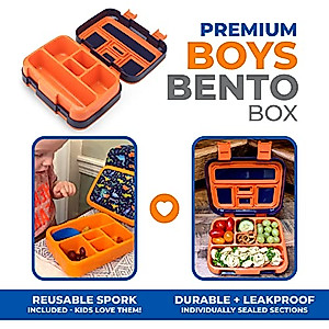 Dinosaur Bento Lunch Box for Boys Toddlers, 5 Portion Sections Secure Lid, Microwave Safe BPA Free Removable Plastic Tray, Pre-School Kid Daycare Lunches Snack Container Ages 3 to 7 Blue Orange