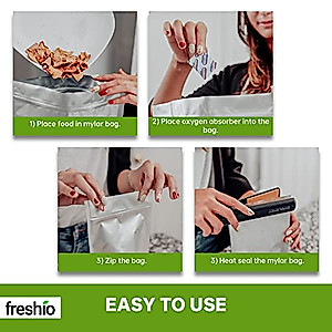 Freshio 10 Mil Extra thick Resealable Mylar Bags for Food Storage - Pack of 100 Mylar bags with oxygen absorbers 300 cc & Labels - 1 Gallon (25 pcs) - 1 Quart (35 pcs) - 1 Pint (40 pcs).