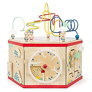 Wooden Activity Cube XL Size by Small Foot – Classic 7-Sided Interactive Toy with Bead Maze, Puzzle, Shape Sorter, Clock & Wheels - Develops Kids Dexterity, Motor Skills – Age 12+ months