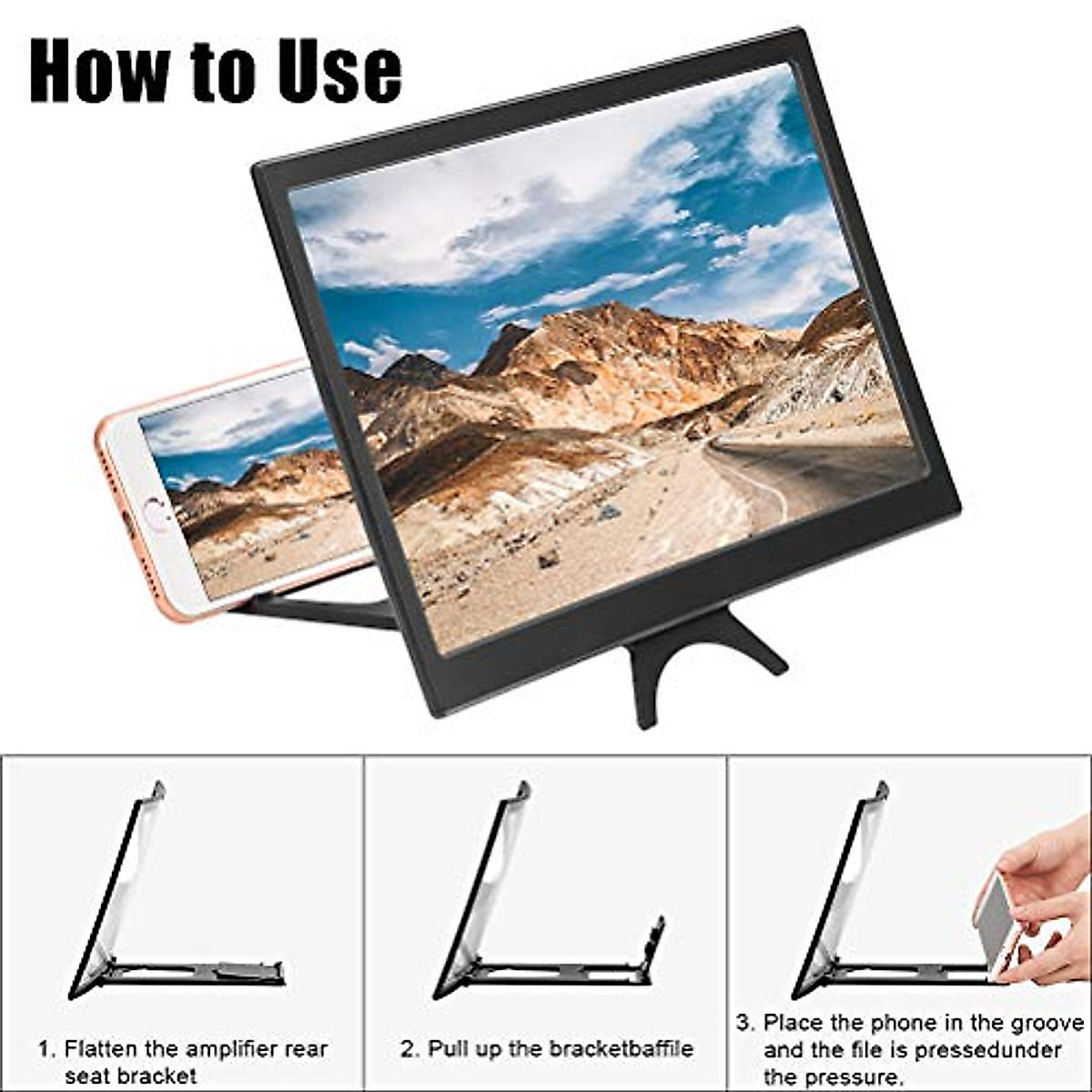 Emoly 12'' 3D Curve Screen Magnifier for Cell Phone, HD Amplifier Projector for Movies, Videos, and Gaming Foldable Phone Stand with Screen Amplifier for iPhone,All Smartphones (Black, 12 inch)