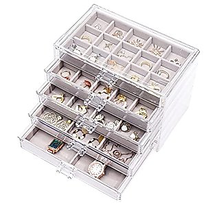 Cq acrylic Earring Jewelry Organizer with 5 Drawers,Clear Acrylic Jewelry Box for Women,Velvet Earring Display Holder for Earrings Ring Bracelet Necklace,Birthday and Christmas Gift,Grey