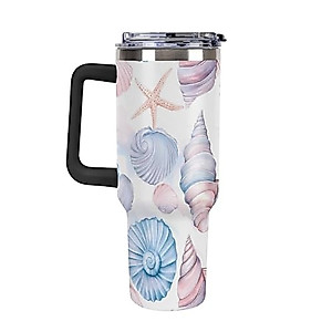 Watercolor Seashell Pattern Insulated Tumblers with Handle Stainless Steel Coffee Mug Funny Travel Cup with Lid Straw 40oz