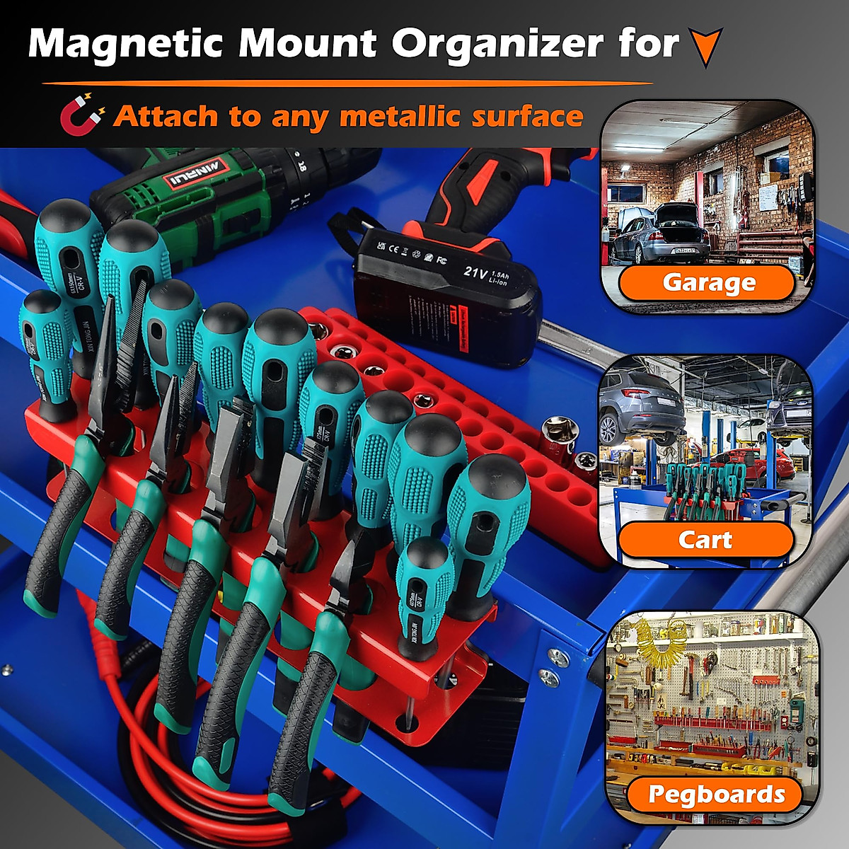 ULIBERMAGNET Magnetic Screwdriver Holder,Heavy Duty Pliers Metal Organizer Rack,Wall Mount Garage Organizer for Screwdriver, Plier, Shears,Tools Holder Rack for Garage,Tool Cart,Pegboards,Workbench