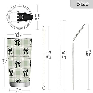 Green Plaid Black Butterfly Stainless Steel travel cups Leak-proof Lid and Straw travel coffee mug spill proof for Water, Iced Tea or Coffee safe umbler 20 OZ