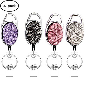 Retractable Badge Holders with Bling Rhinestones Crystal, Badge Reel with Belt Clip and Key Ring, 24 inches Thick Kevlar Pull Cord. (4pcs- Silver, Black, Pink and Purple)