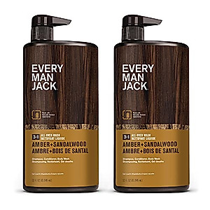 Every Man Jack Men’s Cleansing 3-in-1 All Over Wash for All Skin and Hair Types - Amber + Sandalwood Scent - Cleanse and Nourish Skin and Hair with Naturally Derived Soy Proteins, Aloe - 32 fl oz (2 Pack)