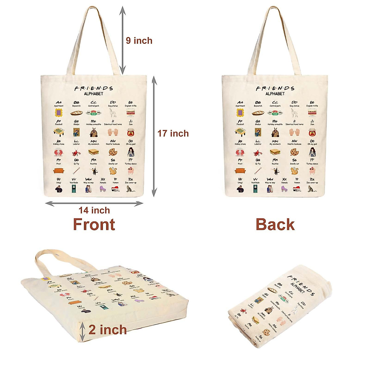 PuGez Friends Alphabet Tote Bag Friends TV Show Merchandise Friends Fans Gifts Kitchen Bag
