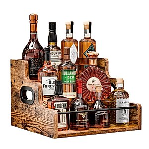 KLM Liquor Bottle Display Shelf, Coffee Syrup Rack Organizer, 3 Step Countertop Liquor Wine Rack, mini bar,liquor cabinet, Home Retro Bar Shelf Stand for Liquor Whiskey, Spirits
