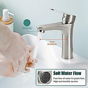 Heyalan Brushed Nickel Bathroom Faucet Single Handle 1 Hole SUS304 Stainless Steel Deck Mount Lavatory Single Switch Basin Sink Hot and Cold Water Mixer Tap with Pop Up Drain