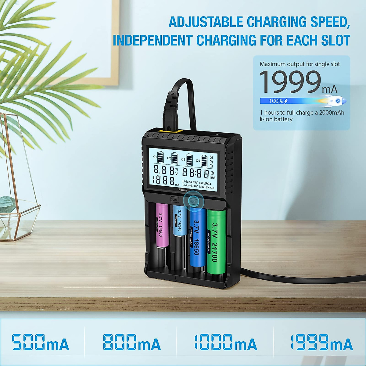 18650 Battery Charger with Testing Functions, POWXS Universal 3.7V Charger for Li-Ion Rechargeable Batteries IMR Lithium 26650 21700 18650 16340 14500 10440, Ni-Mh/Ni-Cd AA AAA C Batteries