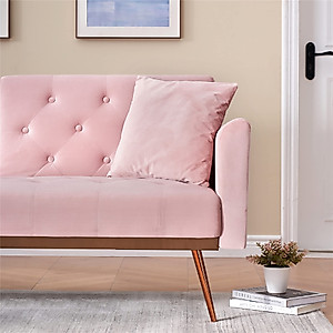 PBOGHLRD Convertible Velvet Futon Sofa, Folding Loveseat Sofa with Throw Pillow and Midfoot, Small Sleeper Couch Bed for Living Room, Bedroom, Home Office (Pink)