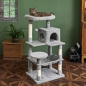 Catinsider 46.5 inches Cat Tree Multi-Level Cat Tower with Sisal-Covered Scratching Posts, Plush Perches, Hammock and Condo for Cats Light Gray