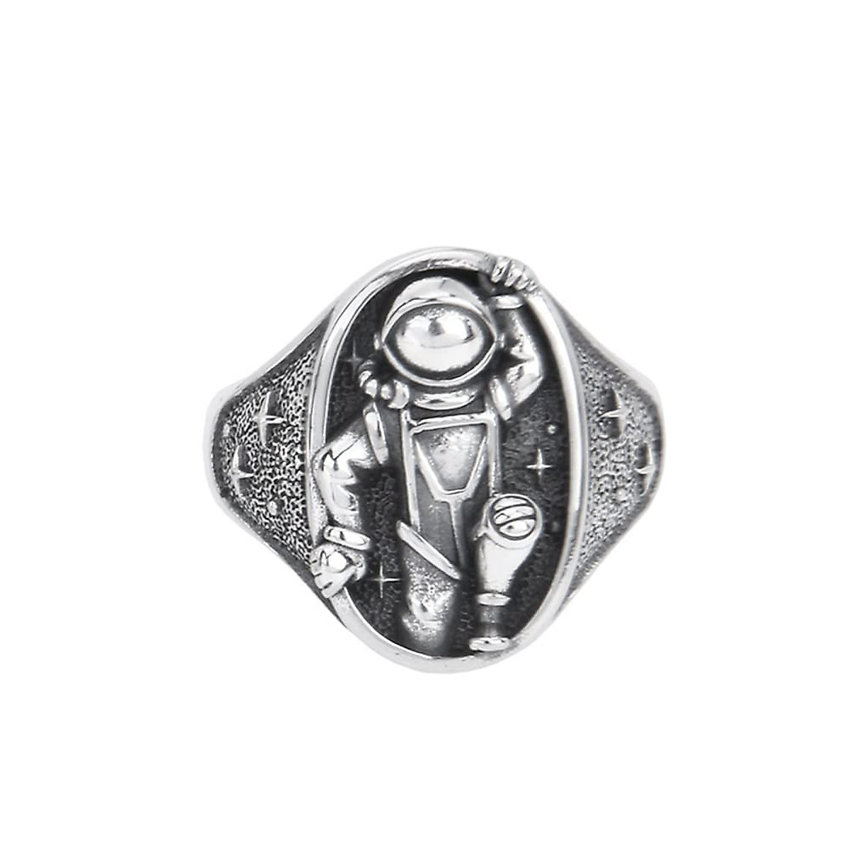 Vintage Astronaut Open Statement Rings for Men Women S925 Sterling Silver Plated Unique Romantic Engagement Wedding Planet Star Spaceship Universe Adjustable Ring Fashion Promise Jewelry Gift for Valentine's Day Anniversary Xmas Bff (Oval)