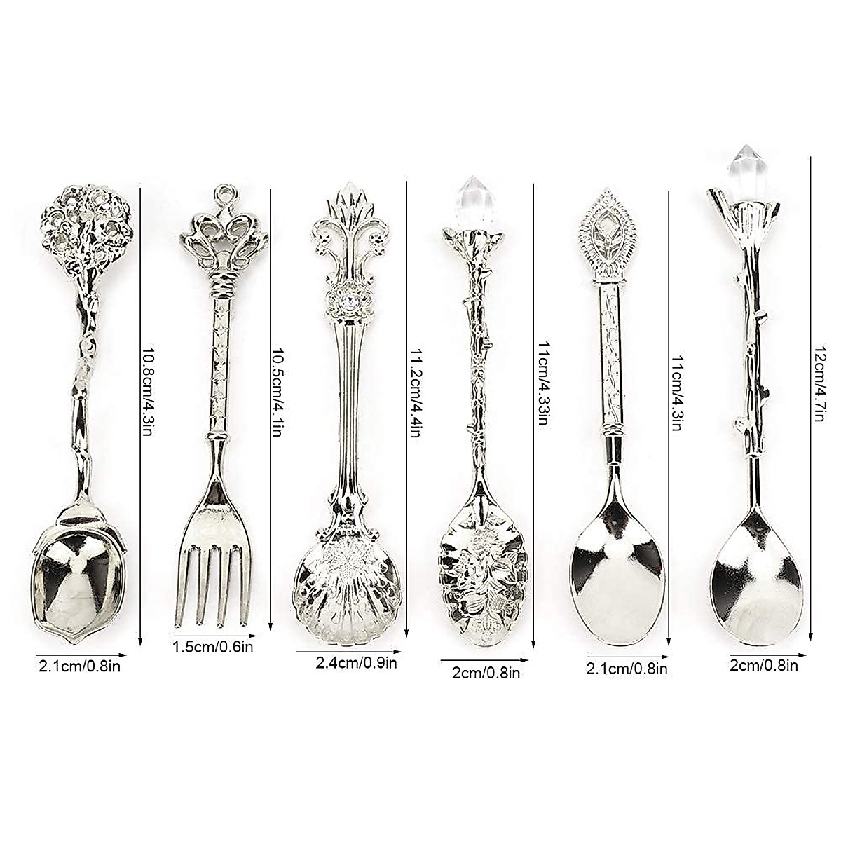 6Pcs Teaspoon Set, Small Vintage Retro Royal Zinc Alloy Dessert Spoon with Fork Silverware Tableware Coffee Spoon for Home Kitchen Cafe Sugar Stir Ice Cream Cake