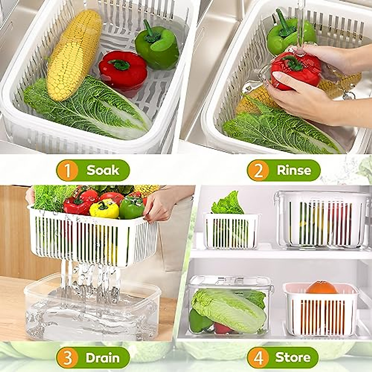 Fruit Storage Containers for Fridge - 10-Piece Kitchen Organizers Leak Proof Produce Saver and Veggie Storage Bins Set for Refrigerator, Plastic Airtight Food Storage Containers with Lids & Handle