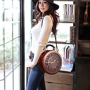 Alarm Clock Handbag Real Working Women Fashion Diagonal Shoulder Bag Leather Vintage Clock Round Box Personalized SteamPunk Style Messenger bag (A)