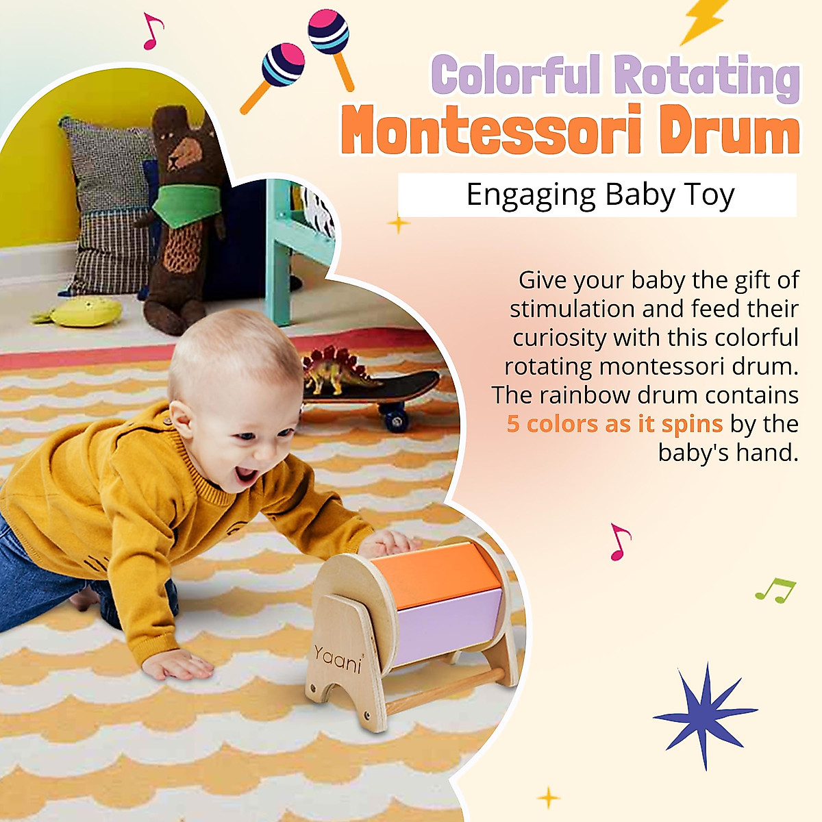 YAANI Montessori Spinning Drum, Baby Toys 6-12 Months, Montessori Toys for 1 Year Old, Sensory Toys, Toddler Toys, Baby Boy Gifts, Toys for Girls, Baby Girl, Toys for 2 Year Old, Montessori Toys