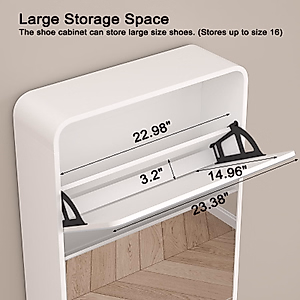 Organizedlife Mirror Shoe Cabinet with 4 Flip Drawers, Wooden Shoe Organizer with Solid Wood Legs, Full Length Mirror Shoe Rack, Narrow Shoe Storage Cabinet for Entryway