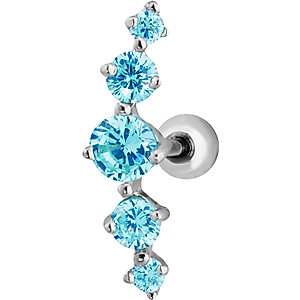 Forbidden Body Jewelry 16g 6mm Surgical Steel 5-Gem Curved Aqua Blue CZ Crystal Cartilage Stud Earring